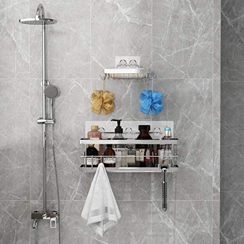 KESOL Shower Caddy + Soap Dish with Hooks for Hanging Sponge and Razor, Shower Organizer Shampoo Holder, No Drilling Adhesive Wall Mounted, Rustproof SUS304 Stainless Steel- 2 Pack