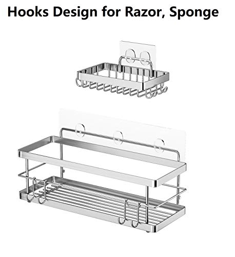 KESOL Shower Caddy + Soap Dish with Hooks for Hanging Sponge and Razor, Shower Organizer Shampoo Holder, No Drilling Adhesive Wall Mounted, Rustproof SUS304 Stainless Steel- 2 Pack