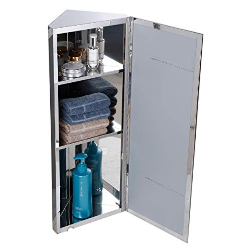 Renovators Supply Manufacturing Infinity Corner Wall Mount Medicine Cabinet with Mirror Brushed Stainless Steel Bathroom Storage 31.5" H x 12" W Large Hanging Triple Shelf Storage Cabinet Left Open