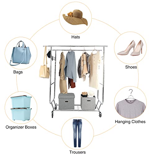 ALUPOM Extendable Double Rod Clothing Rack on Wheels with Shelves Capacity 330lbs, Heavy Duty Rolling Chrome Commercial Garment Rack for Hanging Clothes