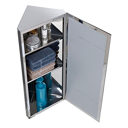 Renovators Supply Manufacturing Infinity Corner Wall Mount Medicine Cabinet with Mirror Brushed Stainless Steel Bathroom Storage 31.5" H x 12" W Large Hanging Triple Shelf Storage Cabinet Left Open