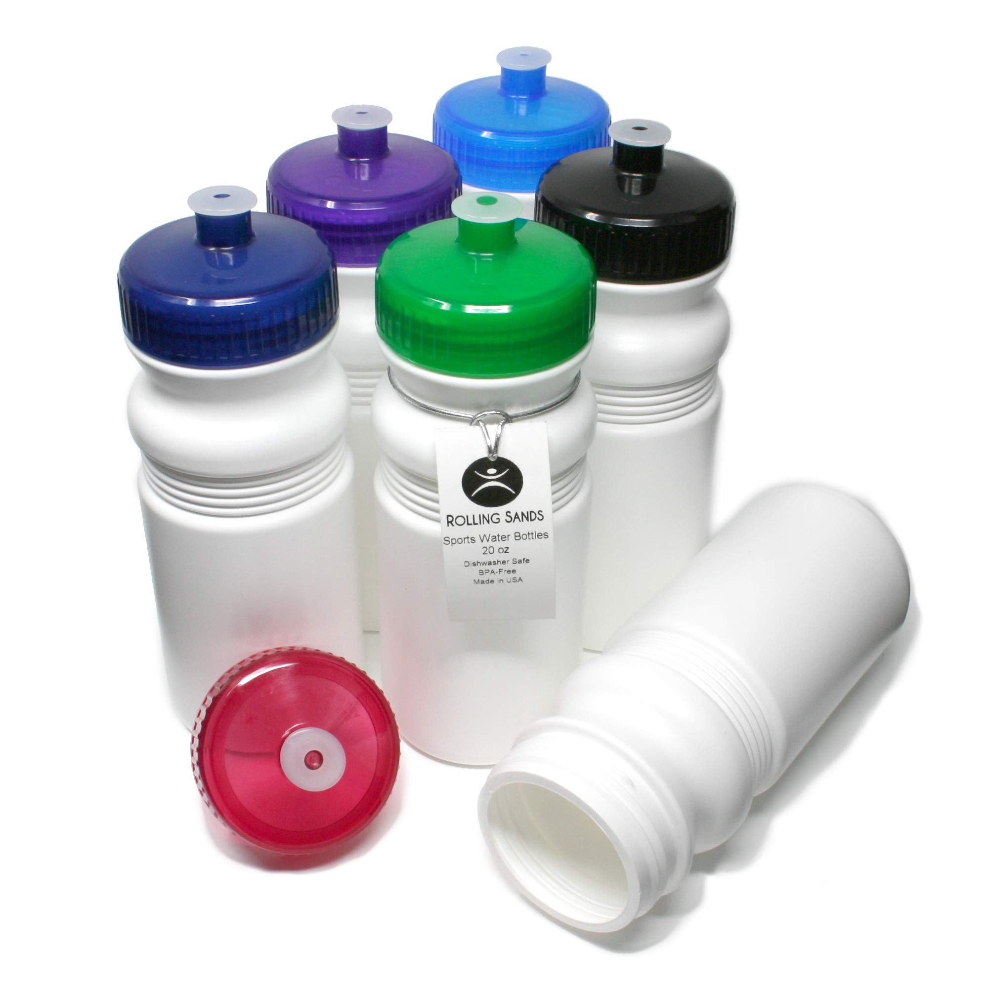 Rolling Sands 20 Ounce Sports Water Bottles 6 Pack, BPA-Free, Made In USA, Dishwasher Safe, White Bottles/Variety