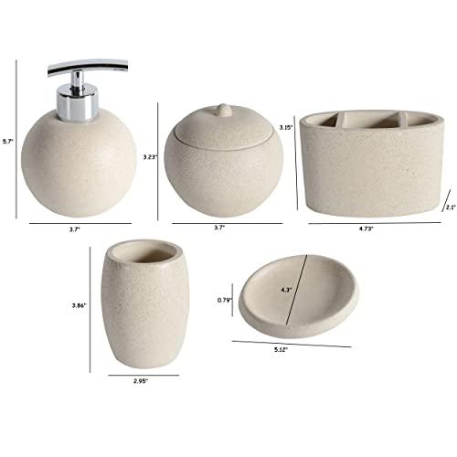 Artchirly 5 Piece Bath Accessory Set for Vanity Countertops,White Sandstone Color,Made of Cement Luxury Ensemble Dish,Lotion Dispenser,Soap Dish,Tooth Mug,Toothbrush Holder and Storage Can (5)