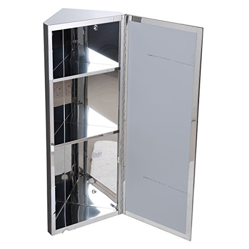 Renovators Supply Manufacturing Infinity Corner Wall Mount Medicine Cabinet with Mirror Brushed Stainless Steel Bathroom Storage 31.5" H x 12" W Large Hanging Triple Shelf Storage Cabinet Left Open