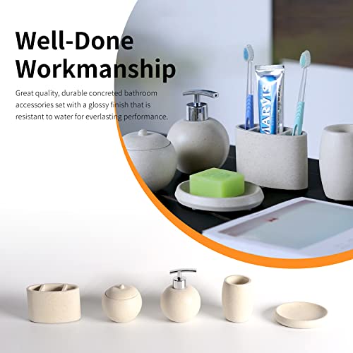 Artchirly 5 Piece Bath Accessory Set for Vanity Countertops,White Sandstone Color,Made of Cement Luxury Ensemble Dish,Lotion Dispenser,Soap Dish,Tooth Mug,Toothbrush Holder and Storage Can (5)