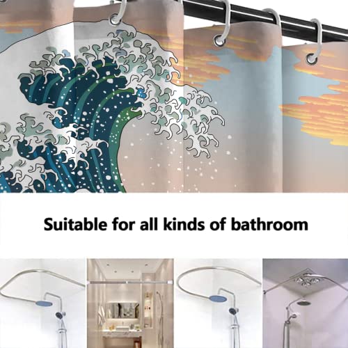 Blmiflwe 4 Piece Hokusai Great Wave Shower Curtain Set with Non-Slip Rugs,Toilet Lid Cover,U Shape Mat,Durable Rug Set Waterproof Funny Shower Curtains with 12 Hooks-Japanese Art Bathroom Decor Set