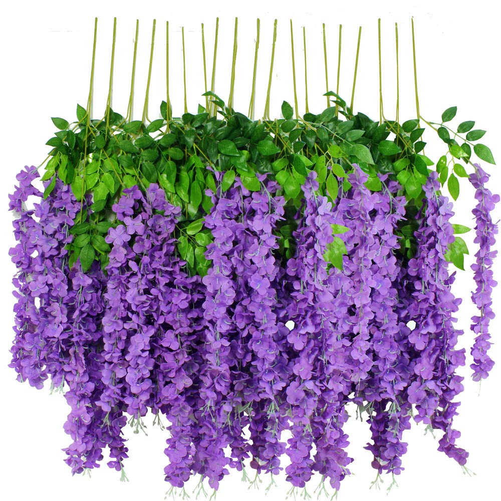 12pcs Artificial Wisteria Flowers 3.6 Feet/Piece Purple Dense Artificial Fake Wisteria Vine Ratta Hanging Garland Silk Flowers String Home Party Wedding Decor（Purple-Dense）
