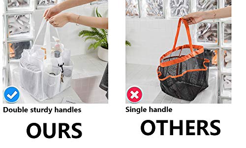 ALYER Mesh Shower Caddy Basket,Large Shower Bag Tote,Hanging Bath Toiletry Organizer with 1 Big Separated Inner Compartment and 6 Deep Outer Pockets (White)