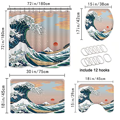 Blmiflwe 4 Piece Hokusai Great Wave Shower Curtain Set with Non-Slip Rugs,Toilet Lid Cover,U Shape Mat,Durable Rug Set Waterproof Funny Shower Curtains with 12 Hooks-Japanese Art Bathroom Decor Set
