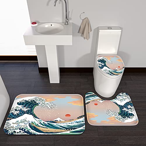 Blmiflwe 4 Piece Hokusai Great Wave Shower Curtain Set with Non-Slip Rugs,Toilet Lid Cover,U Shape Mat,Durable Rug Set Waterproof Funny Shower Curtains with 12 Hooks-Japanese Art Bathroom Decor Set