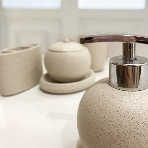 Artchirly 5 Piece Bath Accessory Set for Vanity Countertops,White Sandstone Color,Made of Cement Luxury Ensemble Dish,Lotion Dispenser,Soap Dish,Tooth Mug,Toothbrush Holder and Storage Can (5)