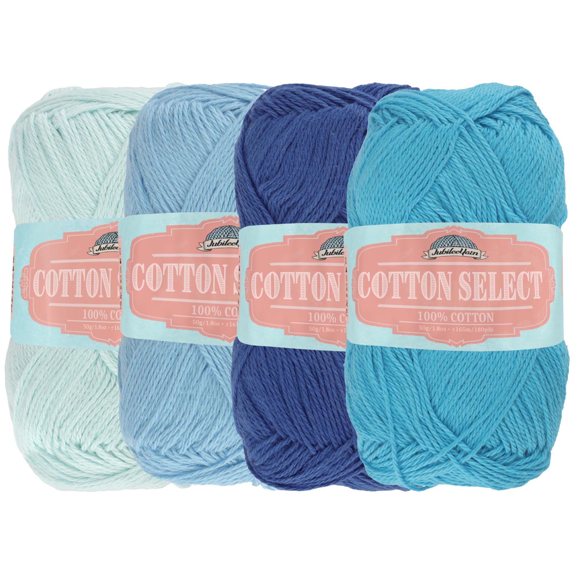 JubileeYarn Cotton Select Yarn - Sport Weight - 50g/Skein - Shades of Blue - 4 Skeins