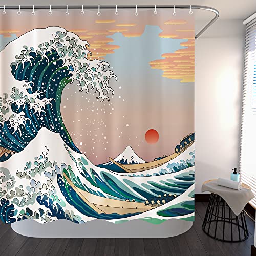 Blmiflwe 4 Piece Hokusai Great Wave Shower Curtain Set with Non-Slip Rugs,Toilet Lid Cover,U Shape Mat,Durable Rug Set Waterproof Funny Shower Curtains with 12 Hooks-Japanese Art Bathroom Decor Set