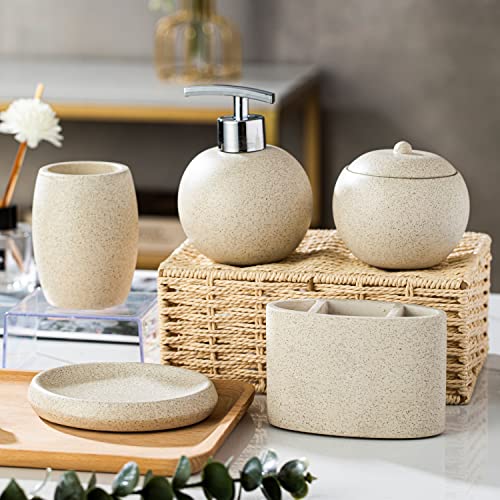 Artchirly 5 Piece Bath Accessory Set for Vanity Countertops,White Sandstone Color,Made of Cement Luxury Ensemble Dish,Lotion Dispenser,Soap Dish,Tooth Mug,Toothbrush Holder and Storage Can (5)