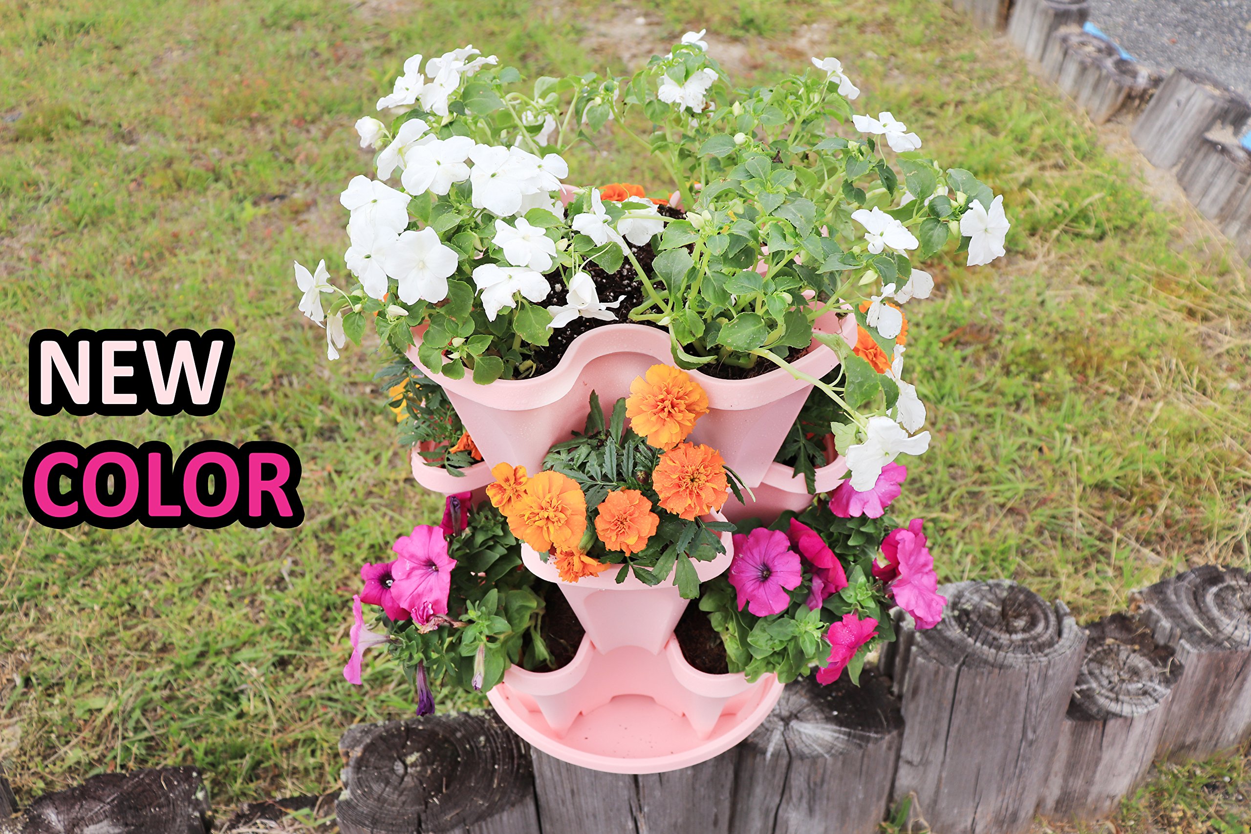 5-Tier Pink Strawberry and Herb Garden Planter - Stackable Gardening Pots with 10 Inch Saucer