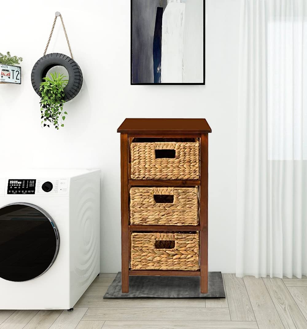 eHemco 3 Tier X-Side End Storage Cabinet with 3 Wicker Baskets, Walnut