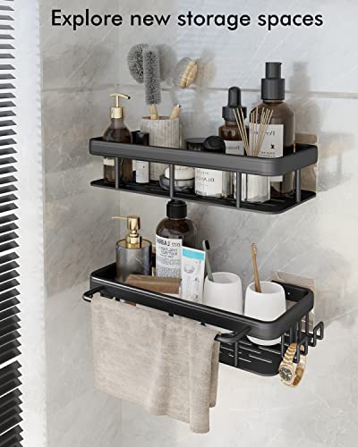 Fegat Shower Caddy, Enhanced Self Adhesive shower Organizer, No Drilling Bathroom Shower Shelf With Towel Rack and 2 Hooks, Space Aluminum With Anticorrosion Process, Black