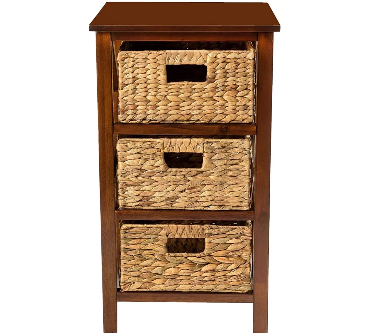 eHemco 3 Tier X-Side End Storage Cabinet with 3 Wicker Baskets, Walnut