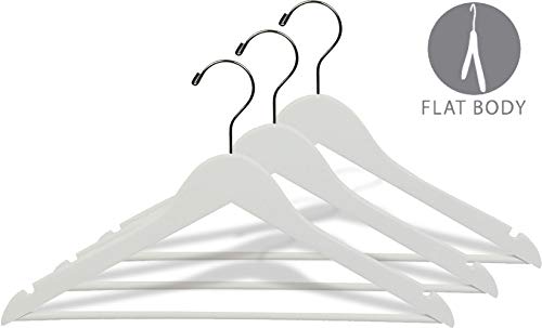 White Rubberized Wooden Suit Hanger with Solid Wood Bar, Flat 17 Inch Rubber Coated Hangers with Chrome Swivel Hook & Notches (Set of 100) by The Great American Hanger Company