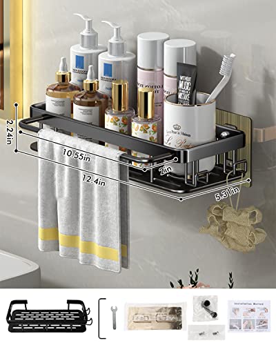 Fegat Shower Caddy, Enhanced Self Adhesive shower Organizer, No Drilling Bathroom Shower Shelf With Towel Rack and 2 Hooks, Space Aluminum With Anticorrosion Process, Black