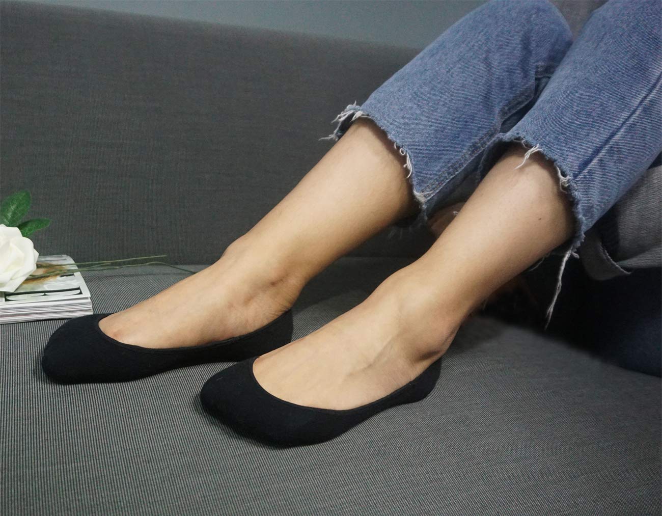 Toes Home No Show Socks Womens, Ultra Low Cut Liners Non Slip Footies for Flats Hidden Invisible Boat Summer Black 5 Pairs