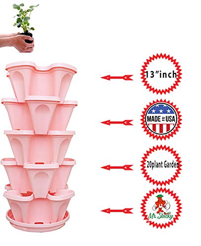 5-Tier Pink Strawberry and Herb Garden Planter - Stackable Gardening Pots with 10 Inch Saucer