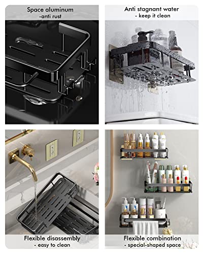Fegat Shower Caddy, Enhanced Self Adhesive shower Organizer, No Drilling Bathroom Shower Shelf With Towel Rack and 2 Hooks, Space Aluminum With Anticorrosion Process, Black
