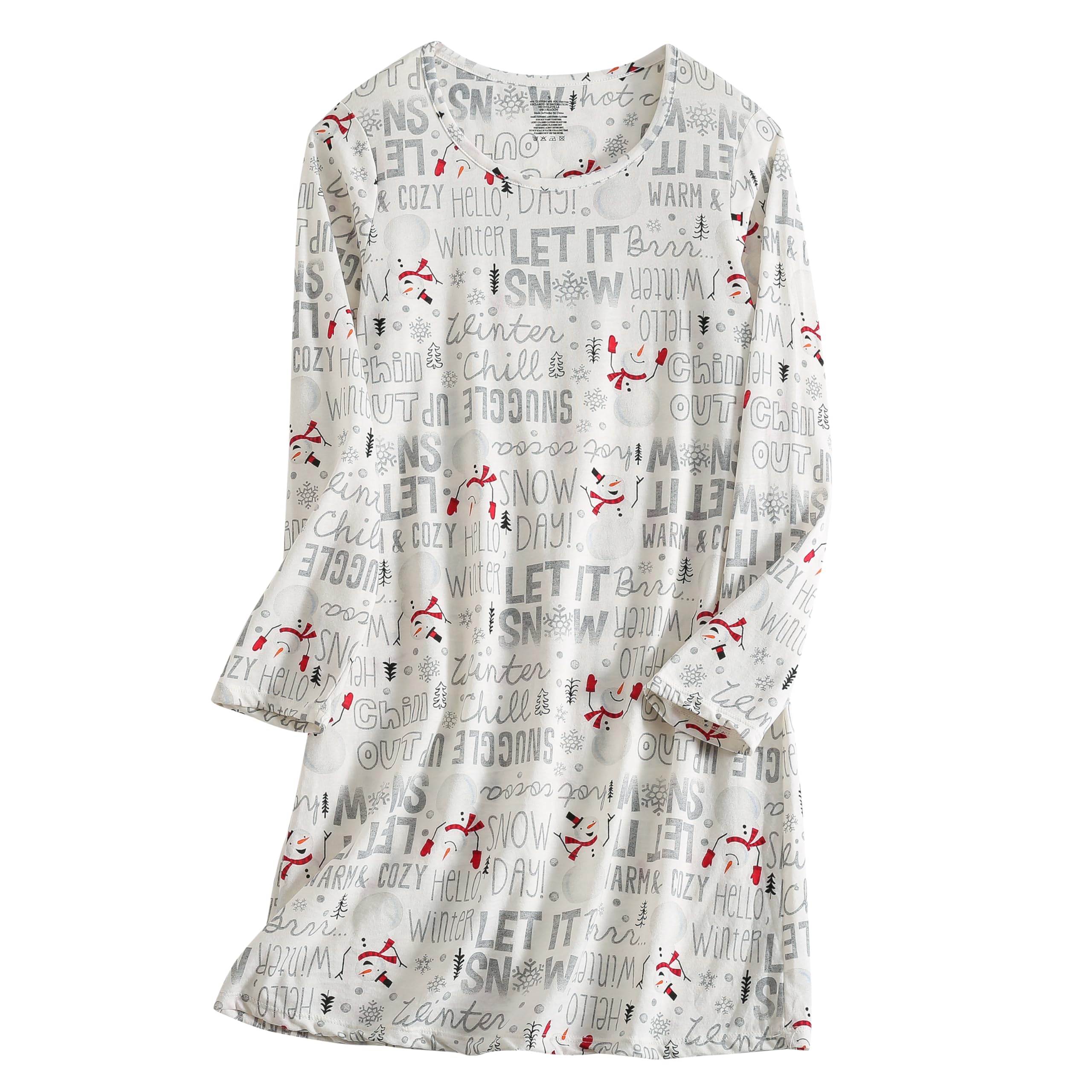 PNAEONG Women's Cotton Sleepwear Long Sleeves Nightgown Print Tee Sleep Dress XTSY109-Long White Snowman-L