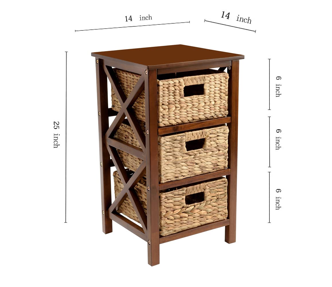 eHemco 3 Tier X-Side End Storage Cabinet with 3 Wicker Baskets, Walnut