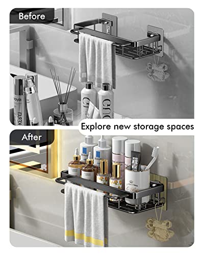Fegat Shower Caddy, Enhanced Self Adhesive shower Organizer, No Drilling Bathroom Shower Shelf With Towel Rack and 2 Hooks, Space Aluminum With Anticorrosion Process, Black