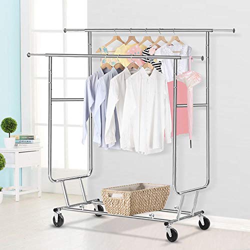 Topeakmart Rolling Clothes Rack 250 lbs Load Capacity Commercial Double Rail Garment Racks Portable Clothes Rack, Clothing Rack, Hanging Cloest Organizer, Drying Racks for Laundry, Wardrobe Cloest