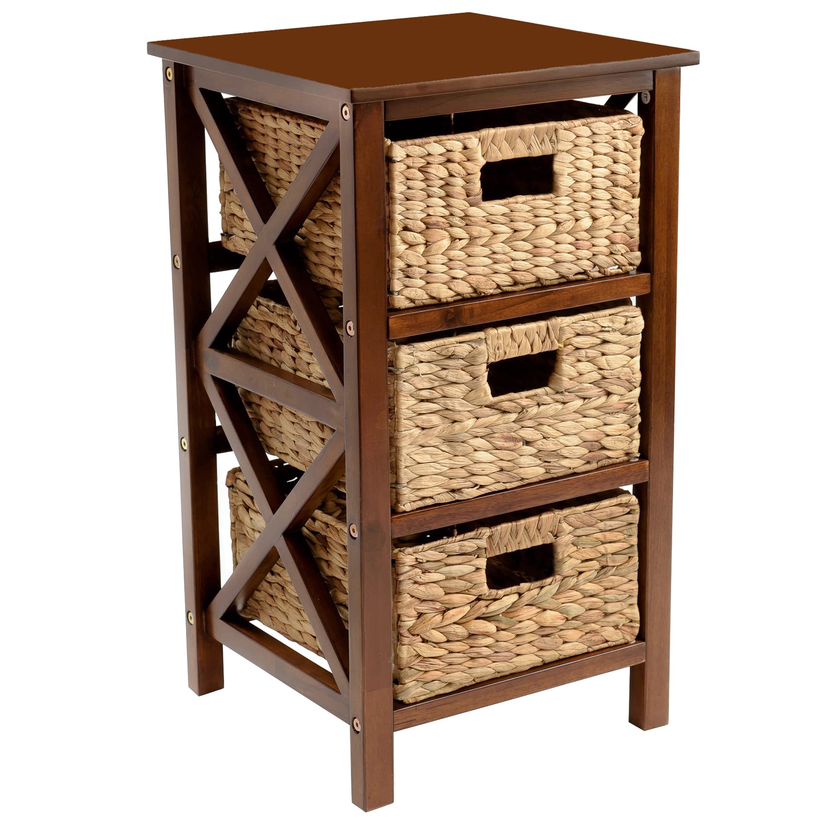 eHemco 3 Tier X-Side End Storage Cabinet with 3 Wicker Baskets, Walnut