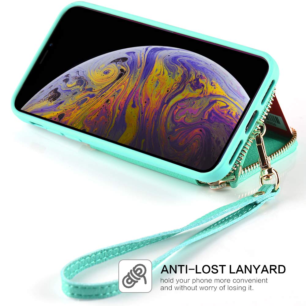iPhone XR Case, ZVE for iPhone XR Wallet Case with Credit Card Holder Slot Shockproof Protective Leather Wallet Zipper Pocket Purse Handbag Wrist Strap Case for Apple iPhone XR 6.1" (2018) Blue