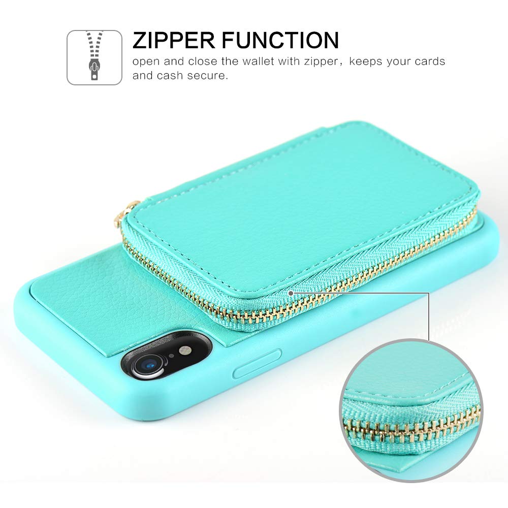 iPhone XR Case, ZVE for iPhone XR Wallet Case with Credit Card Holder Slot Shockproof Protective Leather Wallet Zipper Pocket Purse Handbag Wrist Strap Case for Apple iPhone XR 6.1" (2018) Blue