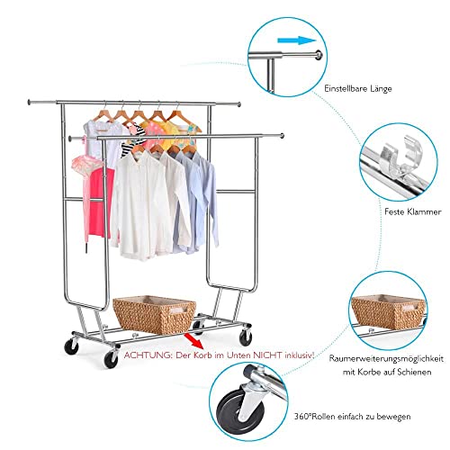 Topeakmart Rolling Clothes Rack 250 lbs Load Capacity Commercial Double Rail Garment Racks Portable Clothes Rack, Clothing Rack, Hanging Cloest Organizer, Drying Racks for Laundry, Wardrobe Cloest