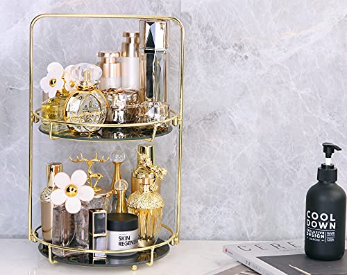 Z PLINRISE Makeup Organizer, 2 Tier Bathroom Cosmetic Storage Shelf for Dresser and Countertop, Decorative Round Vanity Organizer Basket with Marbling Glass Tray, Gold