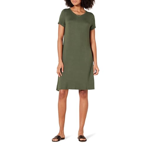 Amazon Essentials Women's Short-Sleeve Scoop Neck Swing Dress (Available in Plus Size), Dark Olive, Small