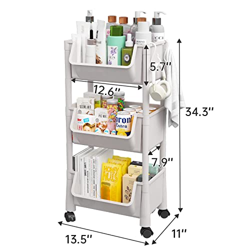 MAGINELS 3-Tier Plastic Rolling Utility Cart, Storage Rolling Cart with Lockable Wheels, Book Cart with 2 Hooks for Kitchen Bathroom Office Balcony Living Room, White