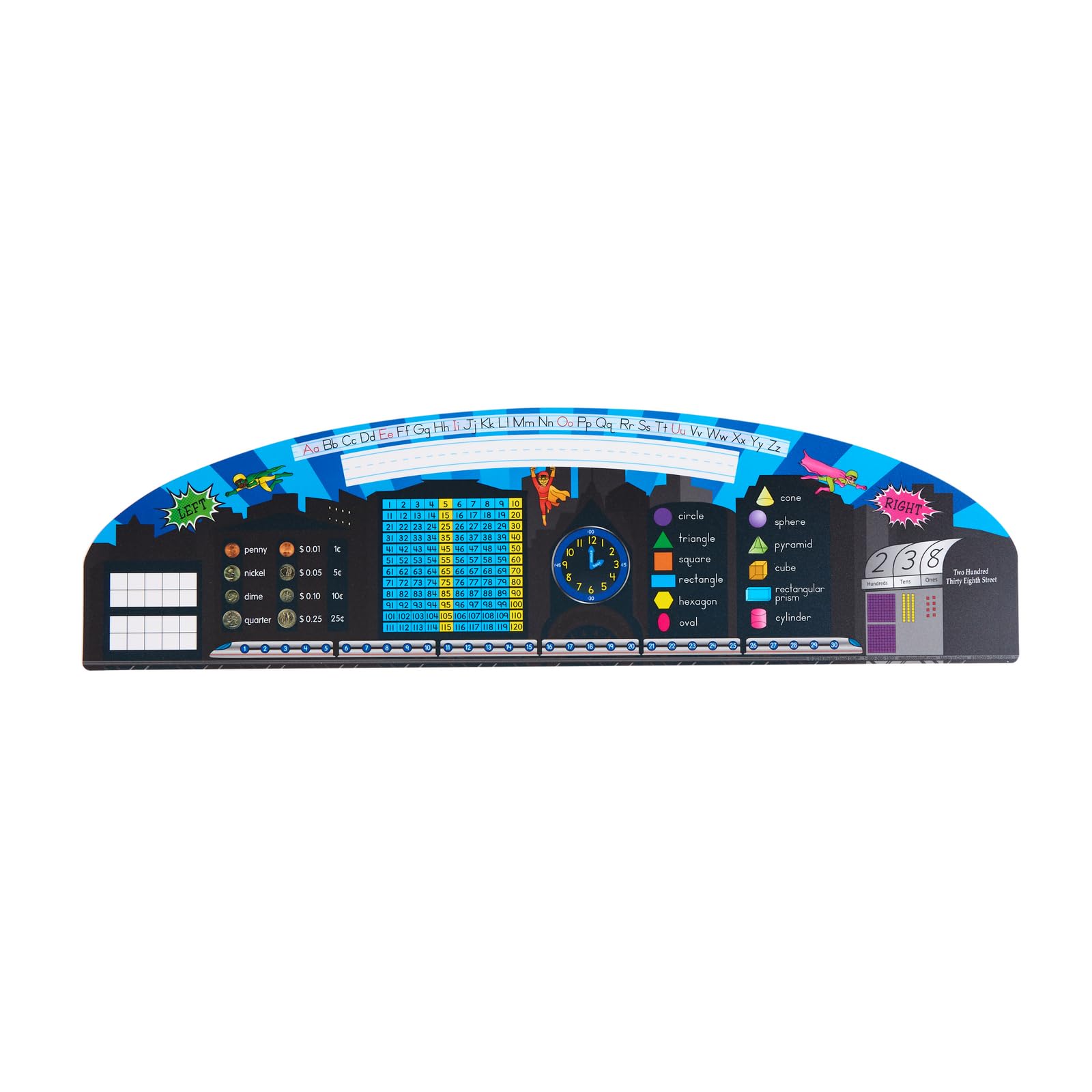 Really Good Stuff 24PK Superhero Self-Adhesive Deluxe Plastic Desktop Reference Nameplate 120 Grid, Letters, Place Value Chart, Number Line, Left/Right, Clock, Shapes, Coins, Double Ten-Frames