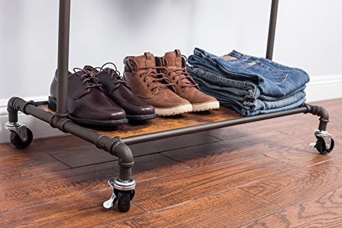 Real Home Innovations Modern Industrial Style Garment Rack with Wood Shelf, Satin Pewter