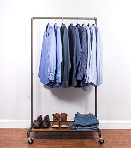 Real Home Innovations Modern Industrial Style Garment Rack with Wood Shelf, Satin Pewter
