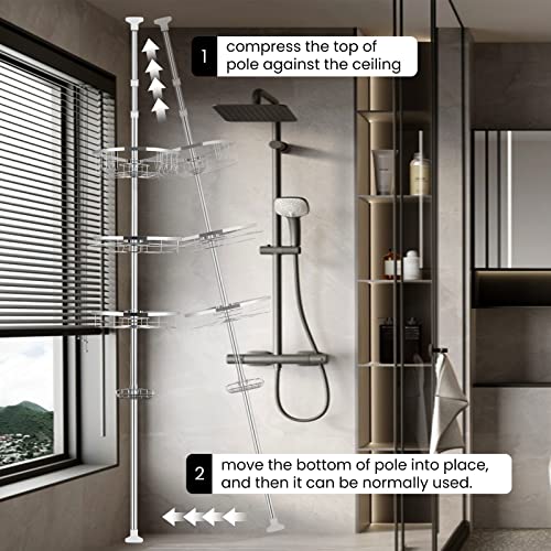 Lucalda Corner Shower Caddy Tension Pole, Stainless Steel Pole Organizer, Rustproof Shower Corner Shelf, Adjustable Shower Shelf with 4 Tier Baskets and 1 Towel Bar, 59-110 Inches, Silver