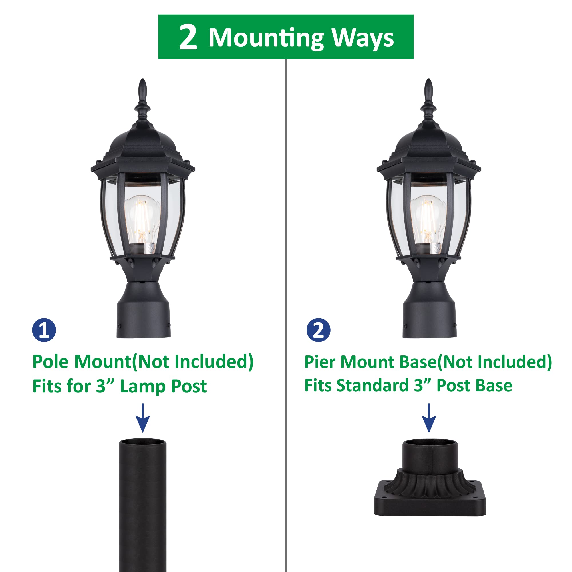 LIT-PaTH Outdoor Post Lighting Fixture Pole Lantern, E26 Medium Base Max 60W, Aluminum Housing Plus Glass, Matte Black Finish, 1-Pack