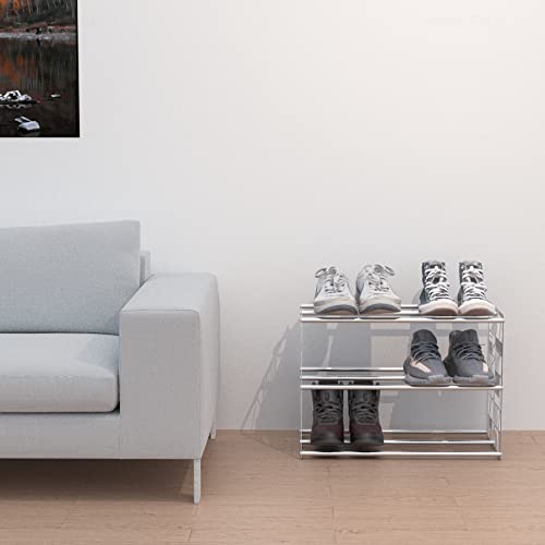 NiHome Silver 3-Tier Shoe Rack - Geometric Patterned Multi-Layered Organizer for Small Spaces with 6 Pair Storage Capacity, Ideal for Closets, Hallways, Entryways, Living Rooms and Bedrooms