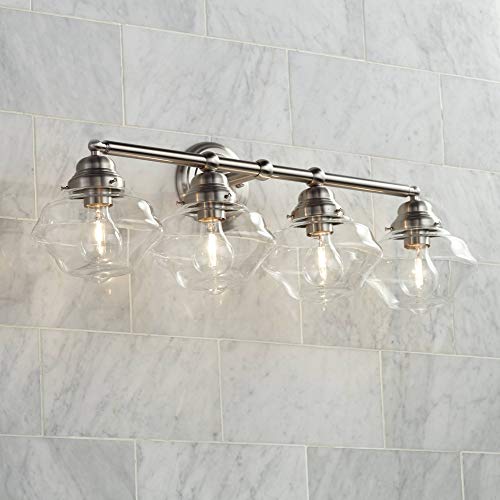 Possini Euro Design Astrid Modern Wall Mount Light Brushed Nickel Silver Metal Hardwired 30 3/4" Wide 4-Light Fixture Schoolhouse Clear Glass for Bathroom Vanity Mirror House Home Room Decor