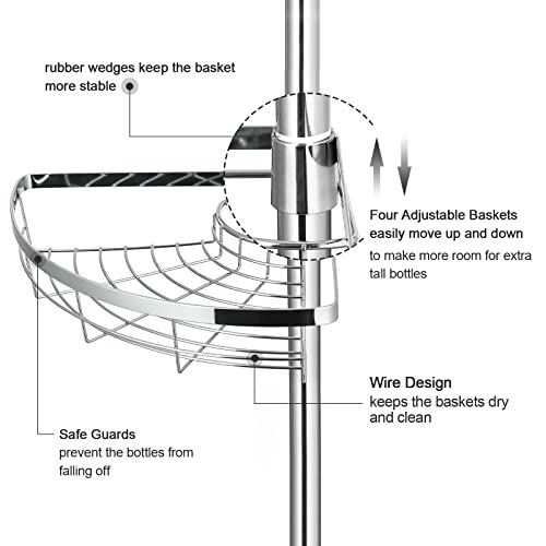 Lucalda Corner Shower Caddy Tension Pole, Stainless Steel Pole Organizer, Rustproof Shower Corner Shelf, Adjustable Shower Shelf with 4 Tier Baskets and 1 Towel Bar, 59-110 Inches, Silver