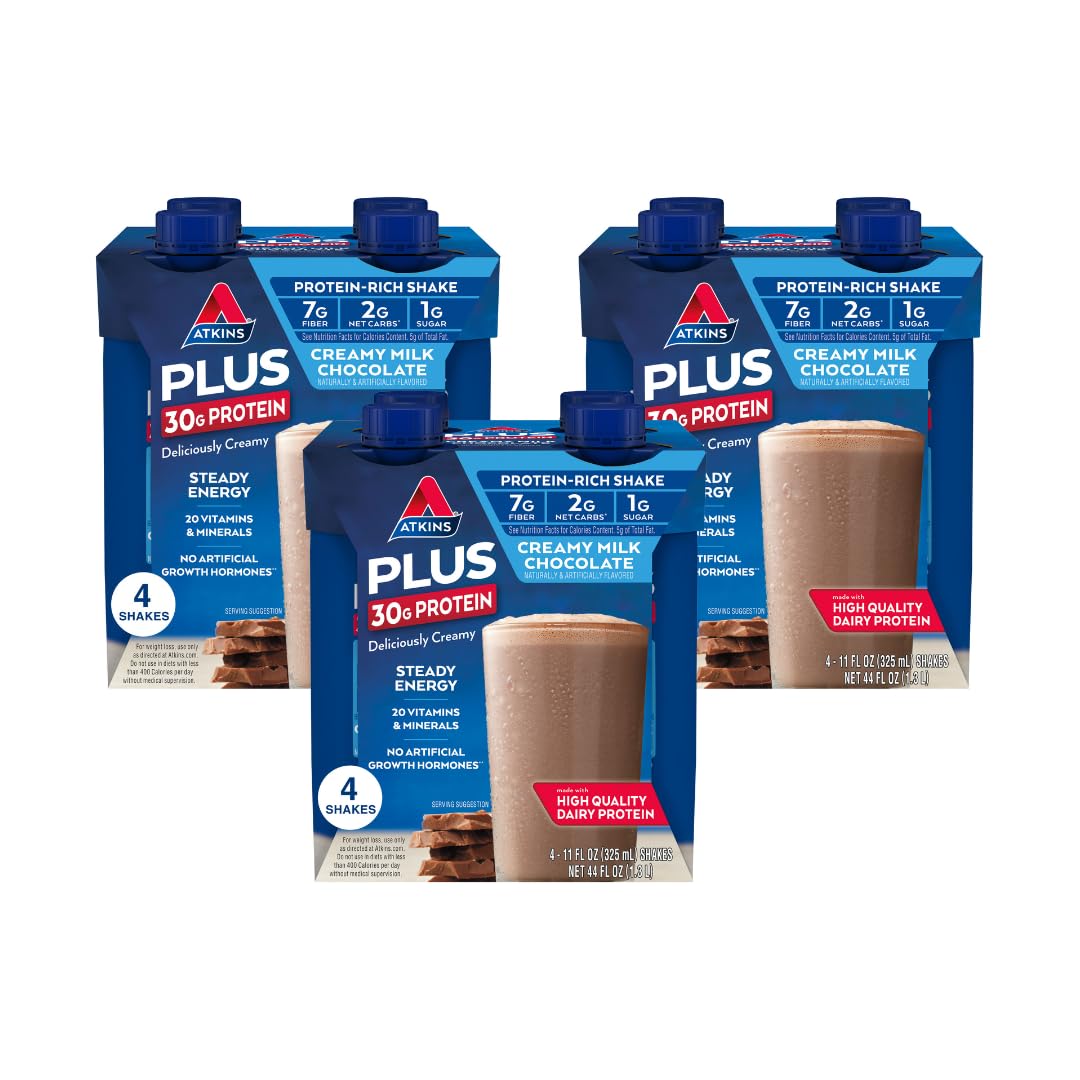 Atkins Creamy Milk Chocolate PLUS Protein Shake, 30g Protein, 7g Fiber, 2g Net Carb, 1g Sugar, Keto Friendly, Low Carb, High Protein Drink, 12 Count