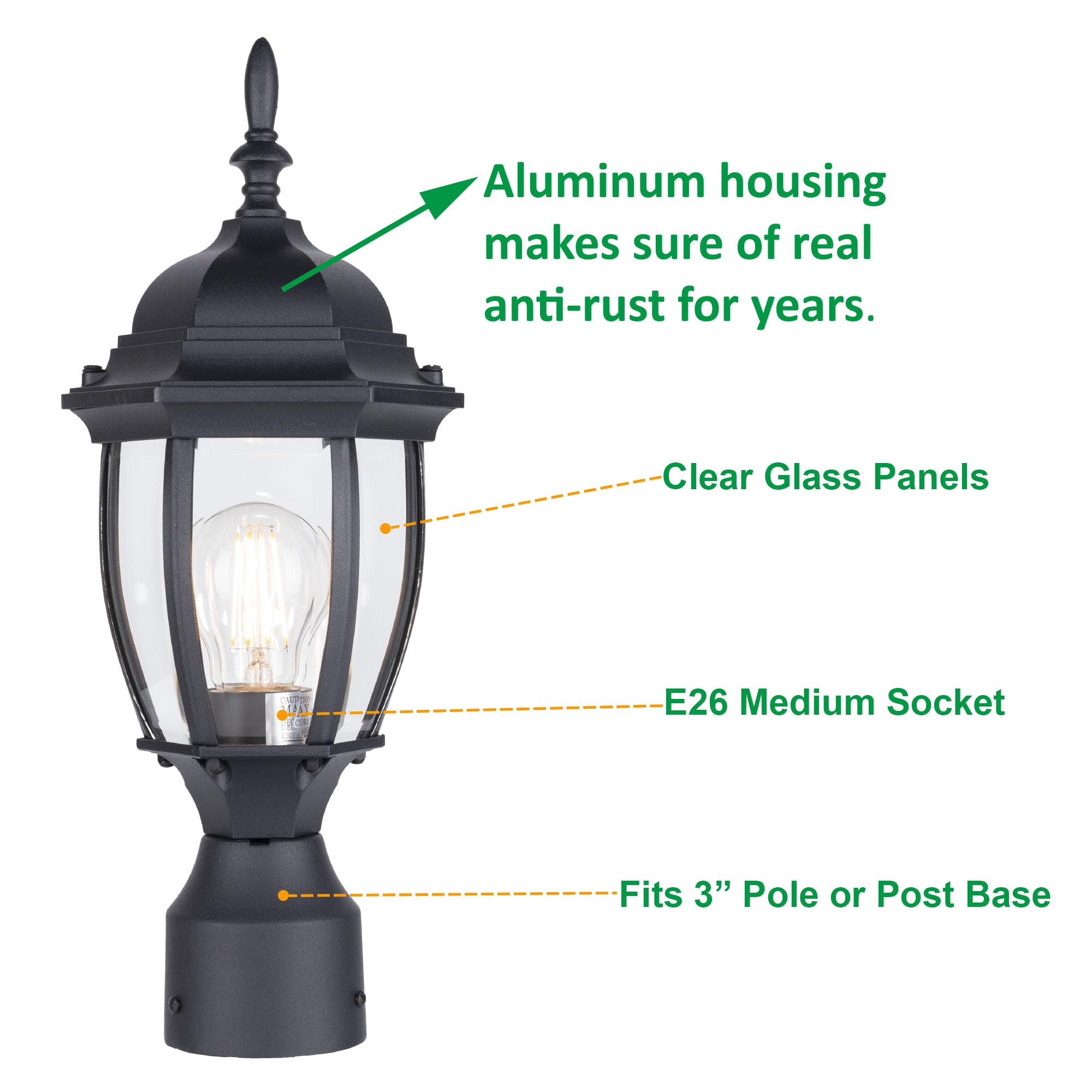 LIT-PaTH Outdoor Post Lighting Fixture Pole Lantern, E26 Medium Base Max 60W, Aluminum Housing Plus Glass, Matte Black Finish, 1-Pack