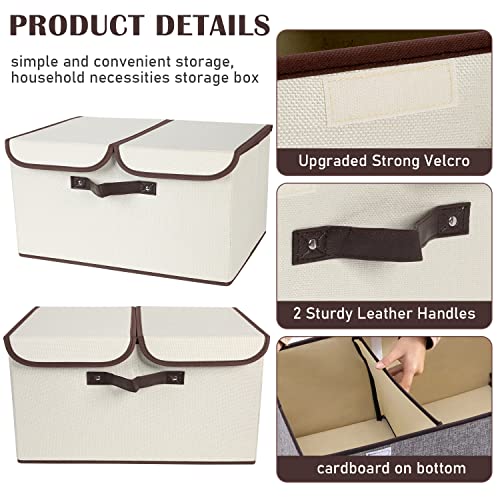 ShellKingdom Large Storage bins, 2 Set Foldable Linen Fabric Storage Cubes Organizer with Lid, Leather Handles, Removable Divider for Home, Closet, Toys, Cloth Storage Boxes - 16.5x11.8x9.8'' (Beige)