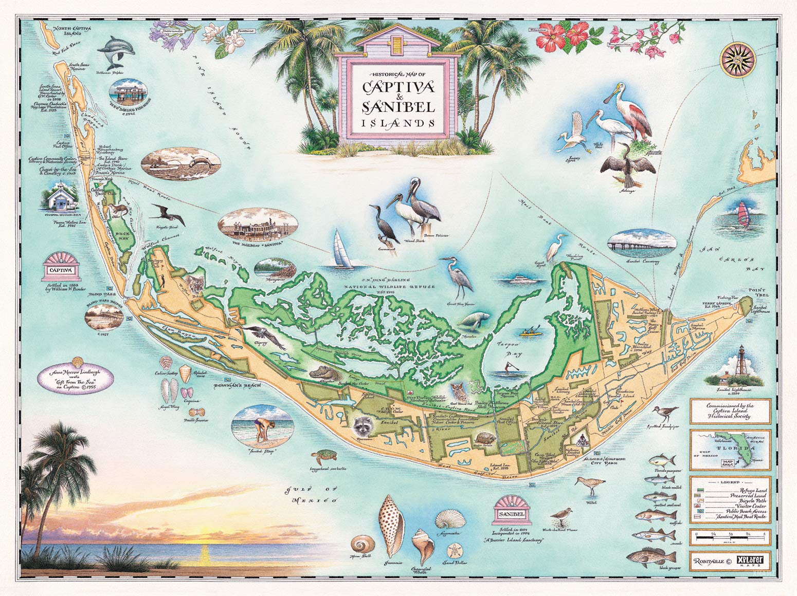 Sanibel & Captiva Islands Hand-Drawn Map – 24x18 Vintage-Style Lithographic Print – Made in USA